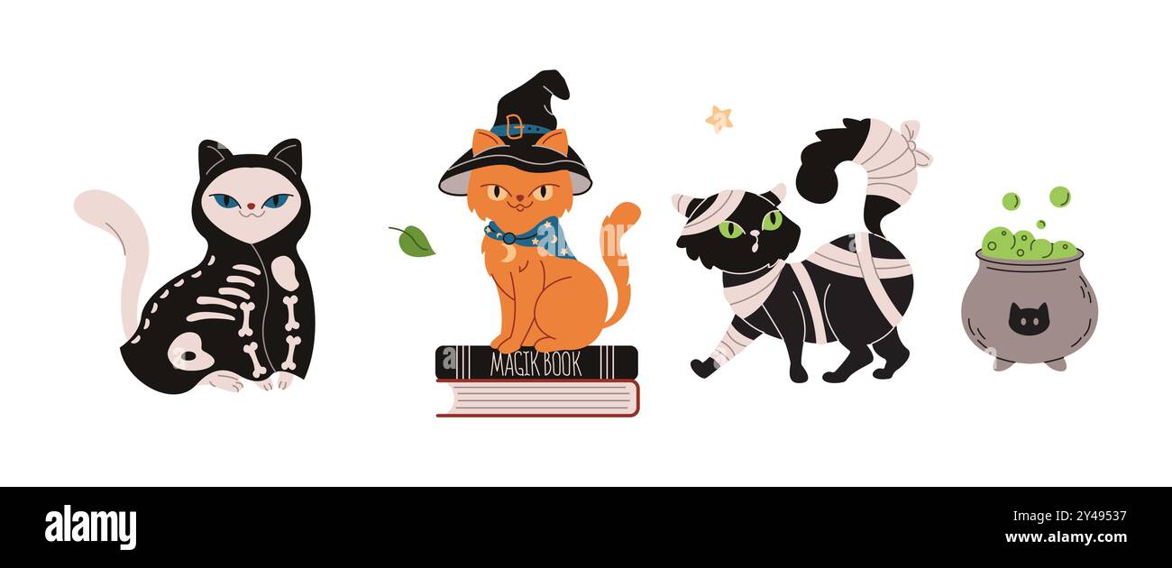 Spooky cats on Halloween party flat vector characters set Stock Vector ...