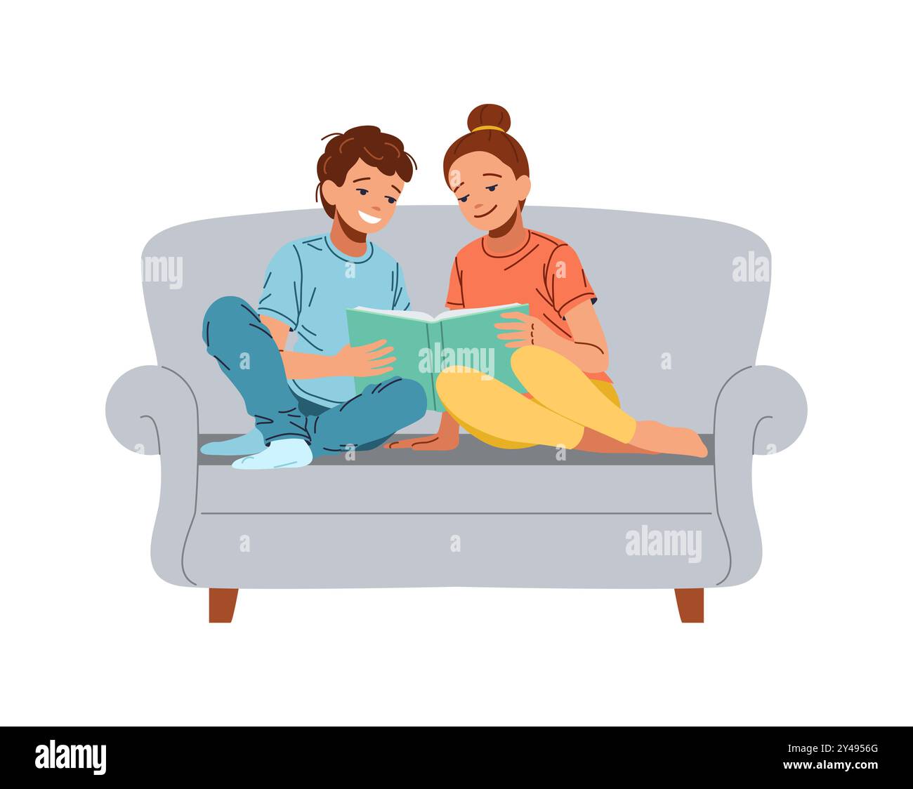 Kids friends reading book on sofa flat vector illustration Stock Vector ...