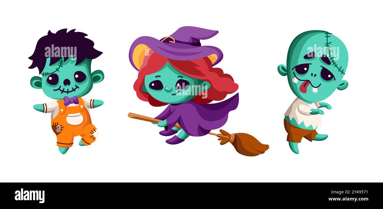 Cute zombies and witch characters flat color vector icon set Stock ...