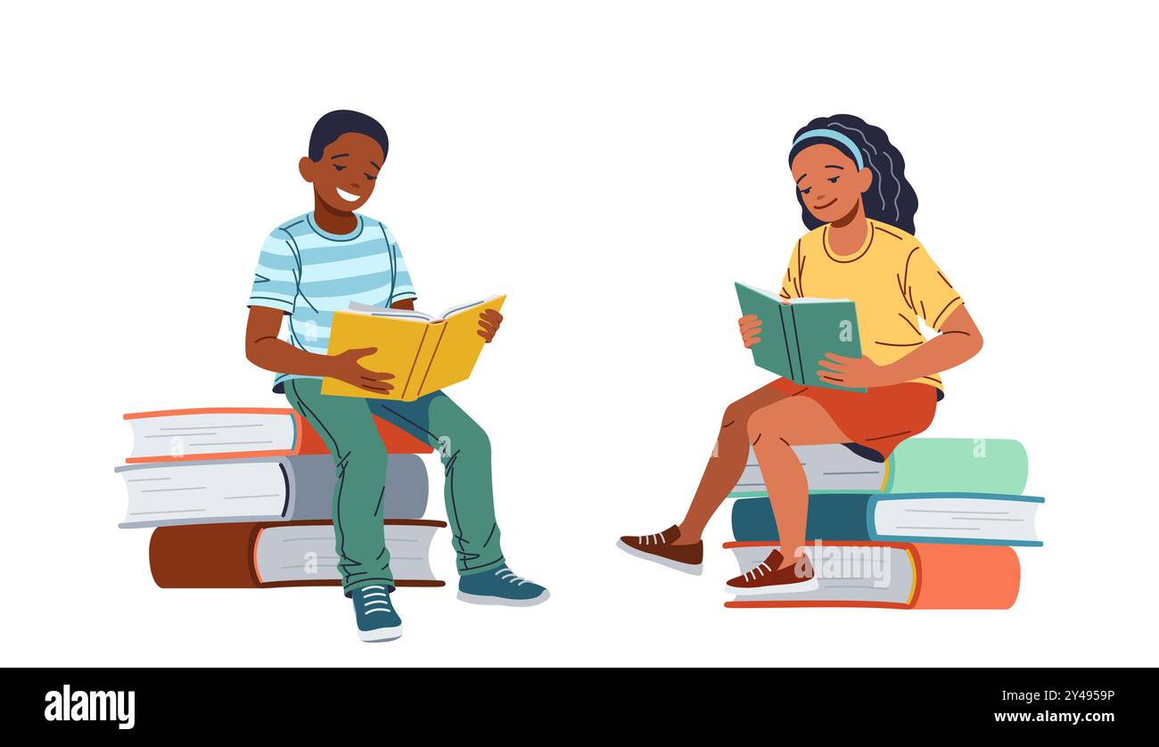 Girl and boy read sitting on stack of books illustration Stock Vector ...