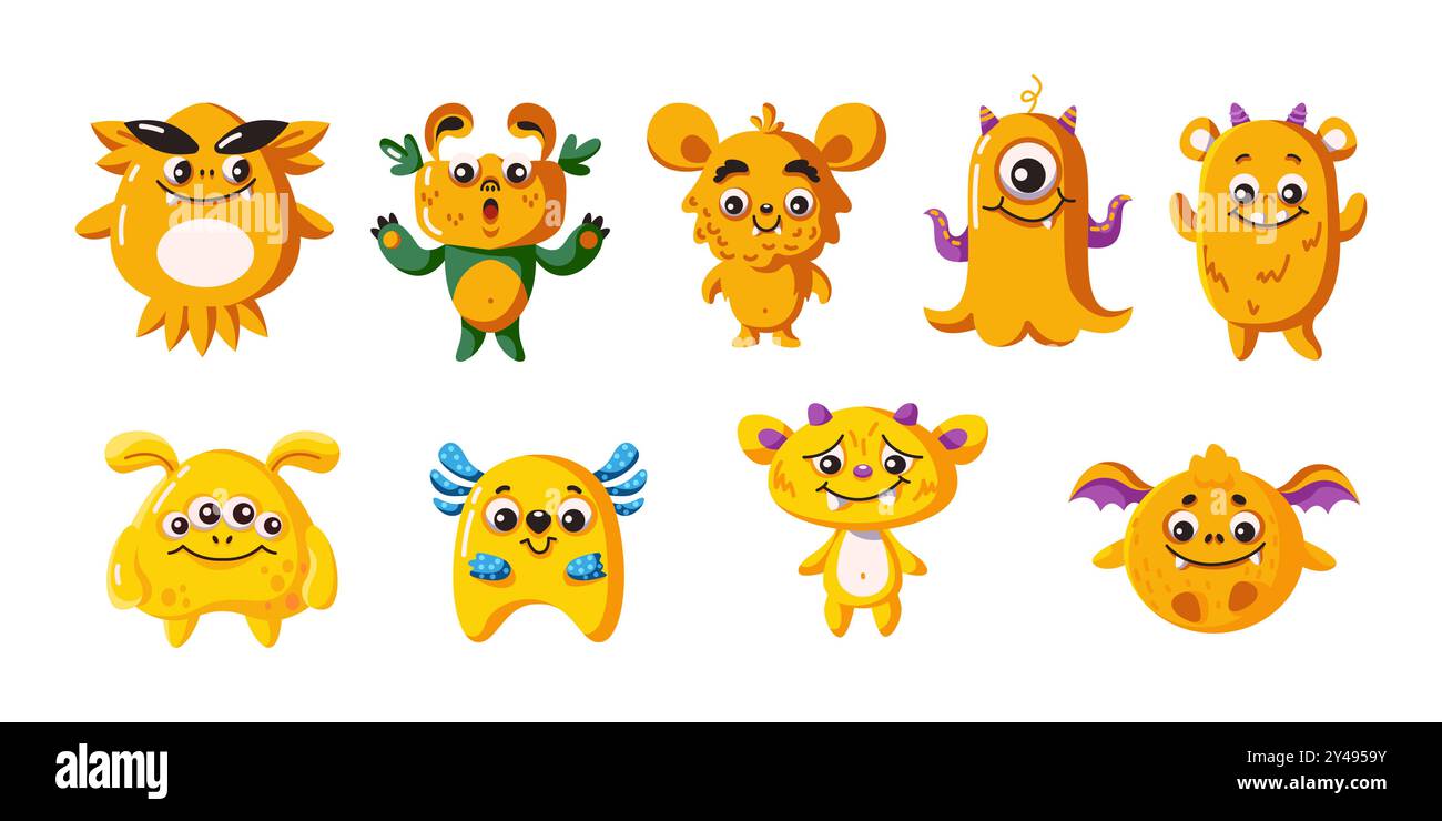 Playful yellow monsters group flat vector characters set Stock Vector ...