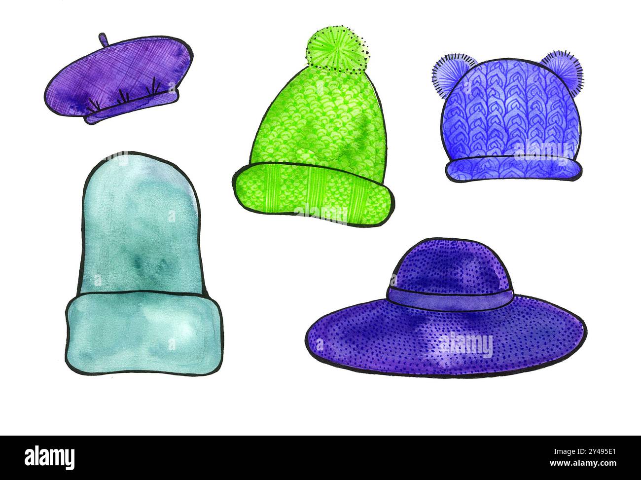 Set of hats isolated on white background. Purple beret, royal blue hat ...