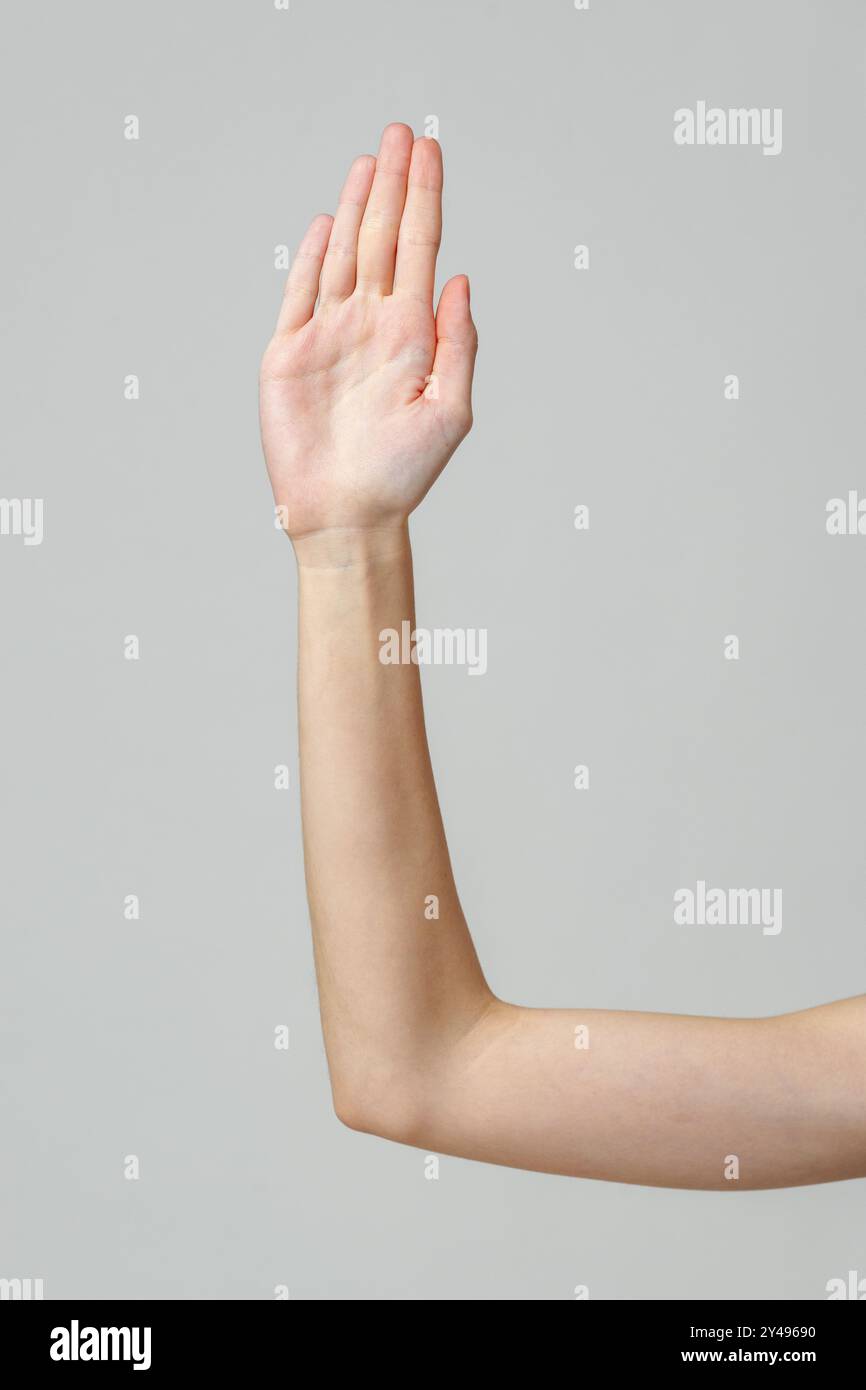 A Woman's Arm Extended Upward Against a Gray Background Stock Photo - Alamy
