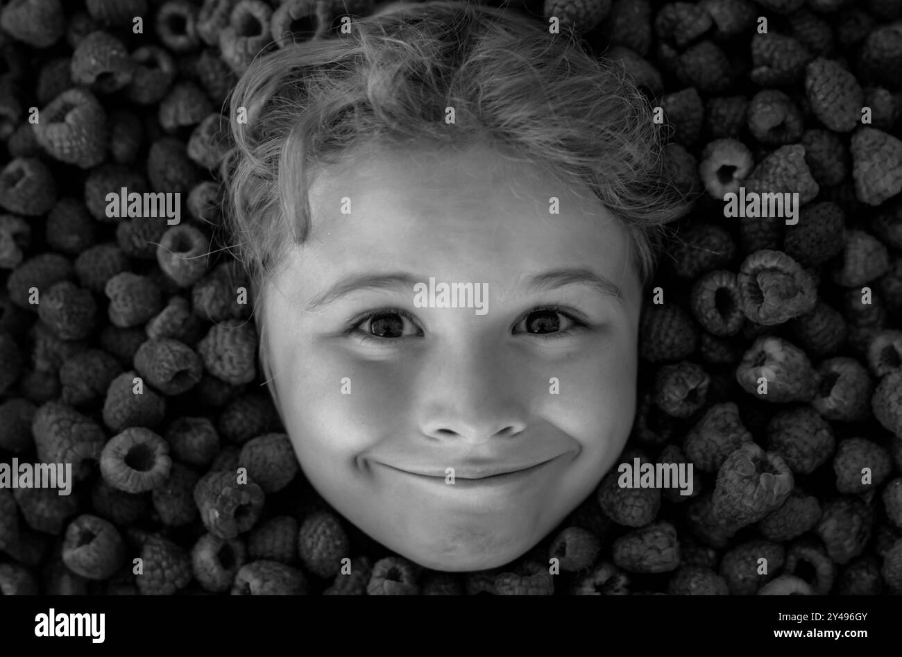 Happy little child face with raspberry. Child picking raspberry. Kids ...