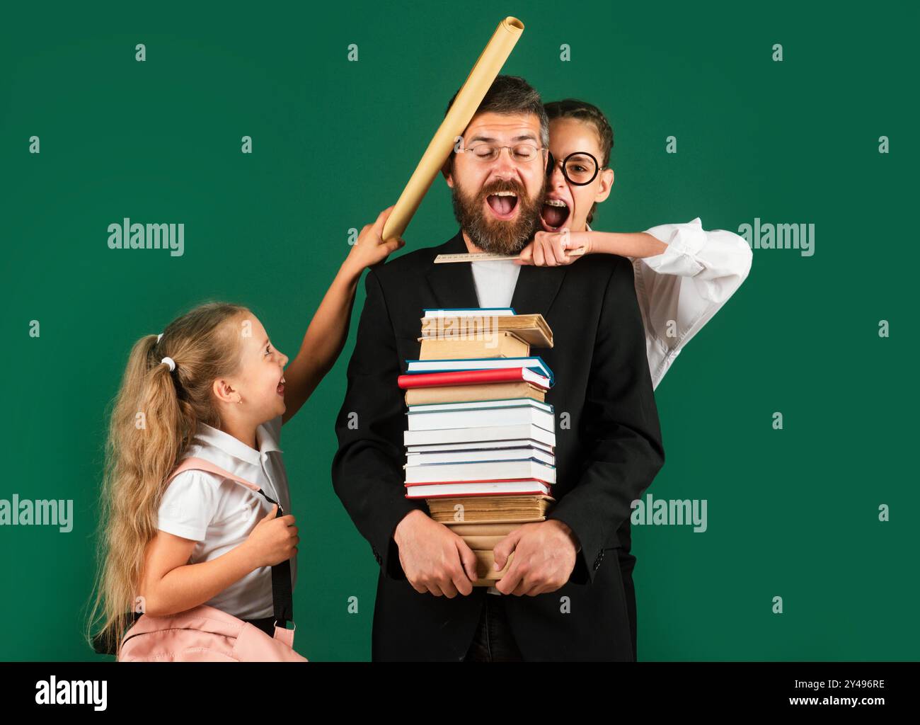 Funny portrait of comic father tutor and crazy students schoolkids on ...