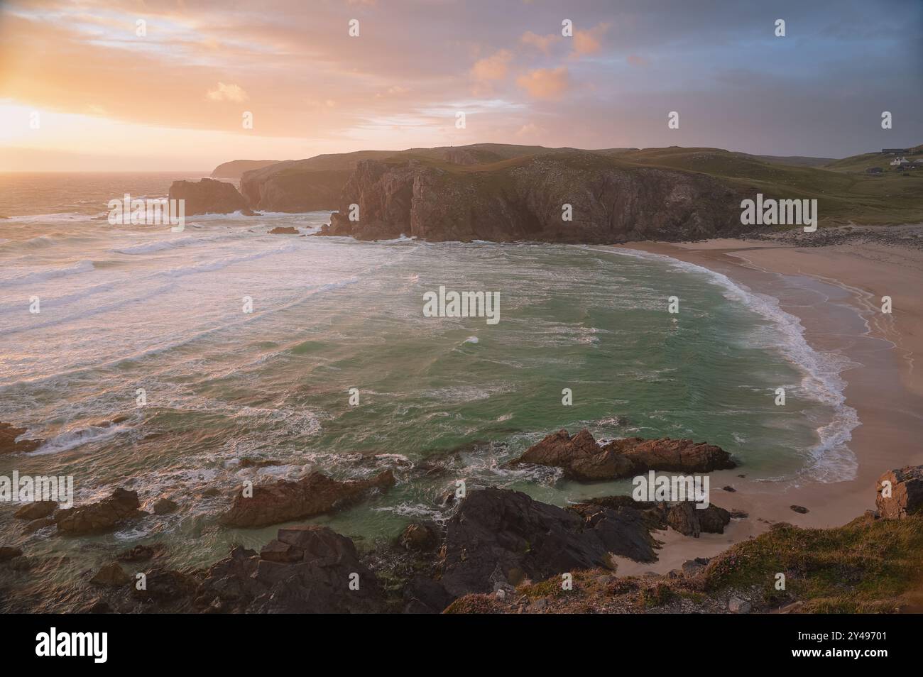 Stunning sunset over the sea at Mangersta beach on the Isle of Lewis in ...