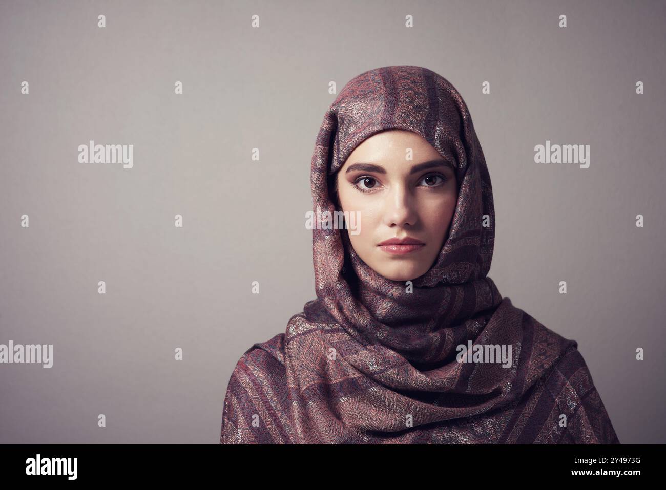 Muslim, portrait and fabric with woman in studio for islamic style ...