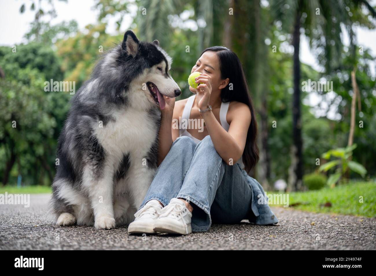 A beautiful Asian female dog owner is sitting on a street in a green ...