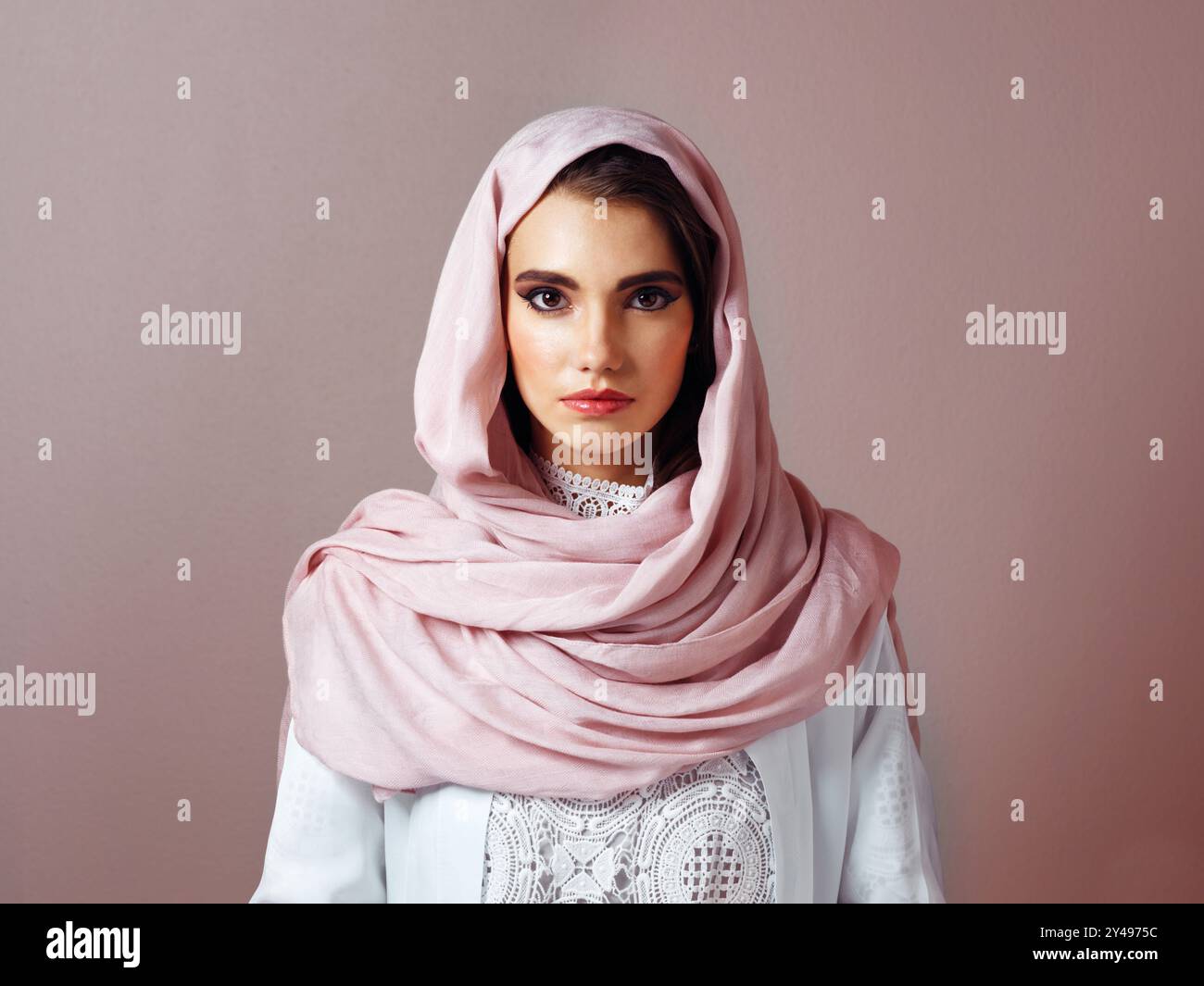 Muslim, portrait and model with woman in studio for islamic style ...