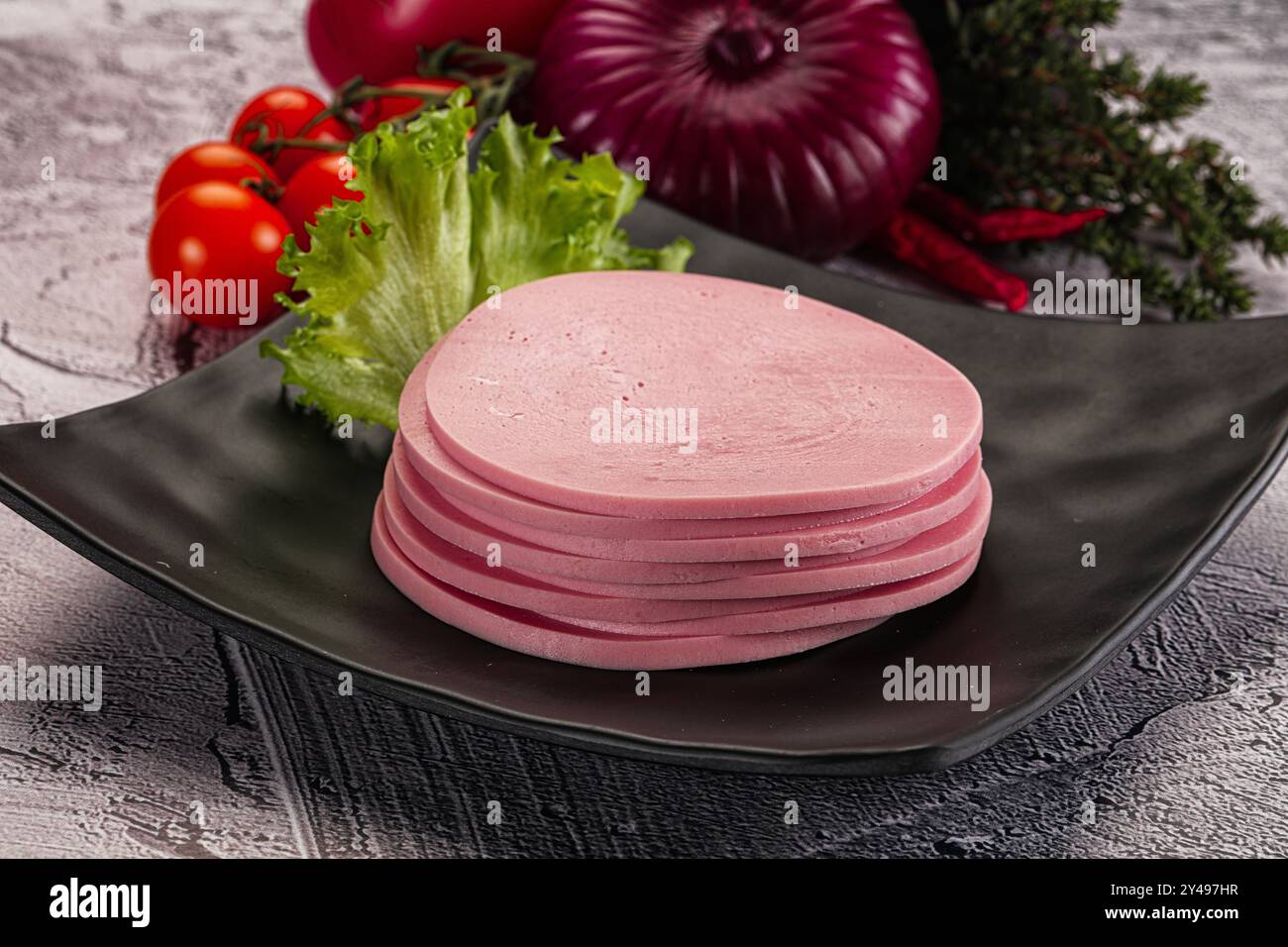 Boiled pork sliced sausage stack for breakfast Stock Photo - Alamy