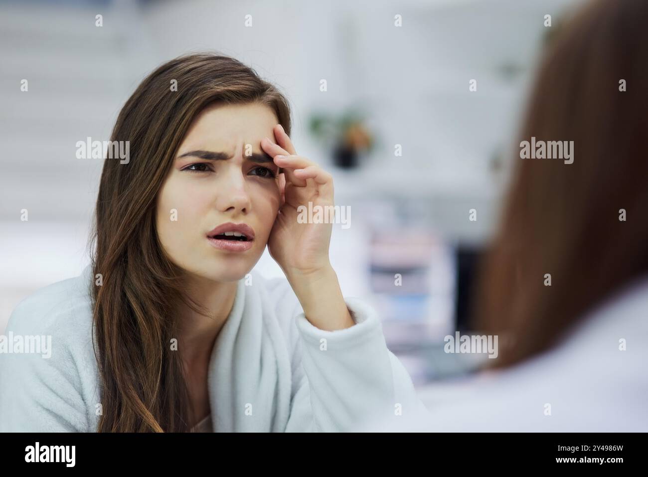 Skincare, mirror and woman with stress for face, swollen pimple and ...