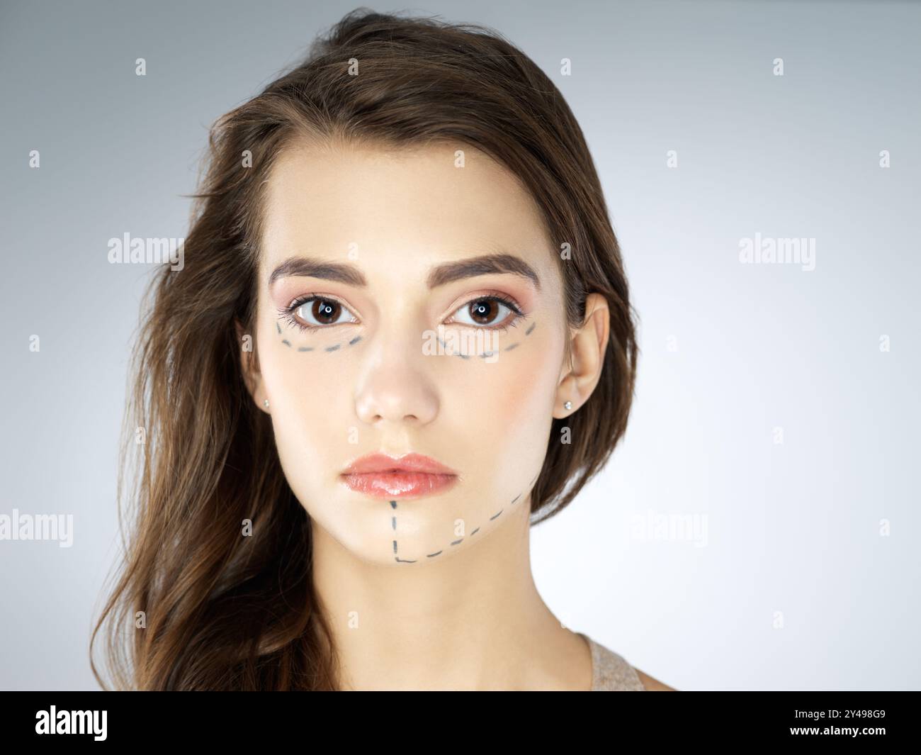 Woman, portrait and lines in studio for plastic surgery, chin ...