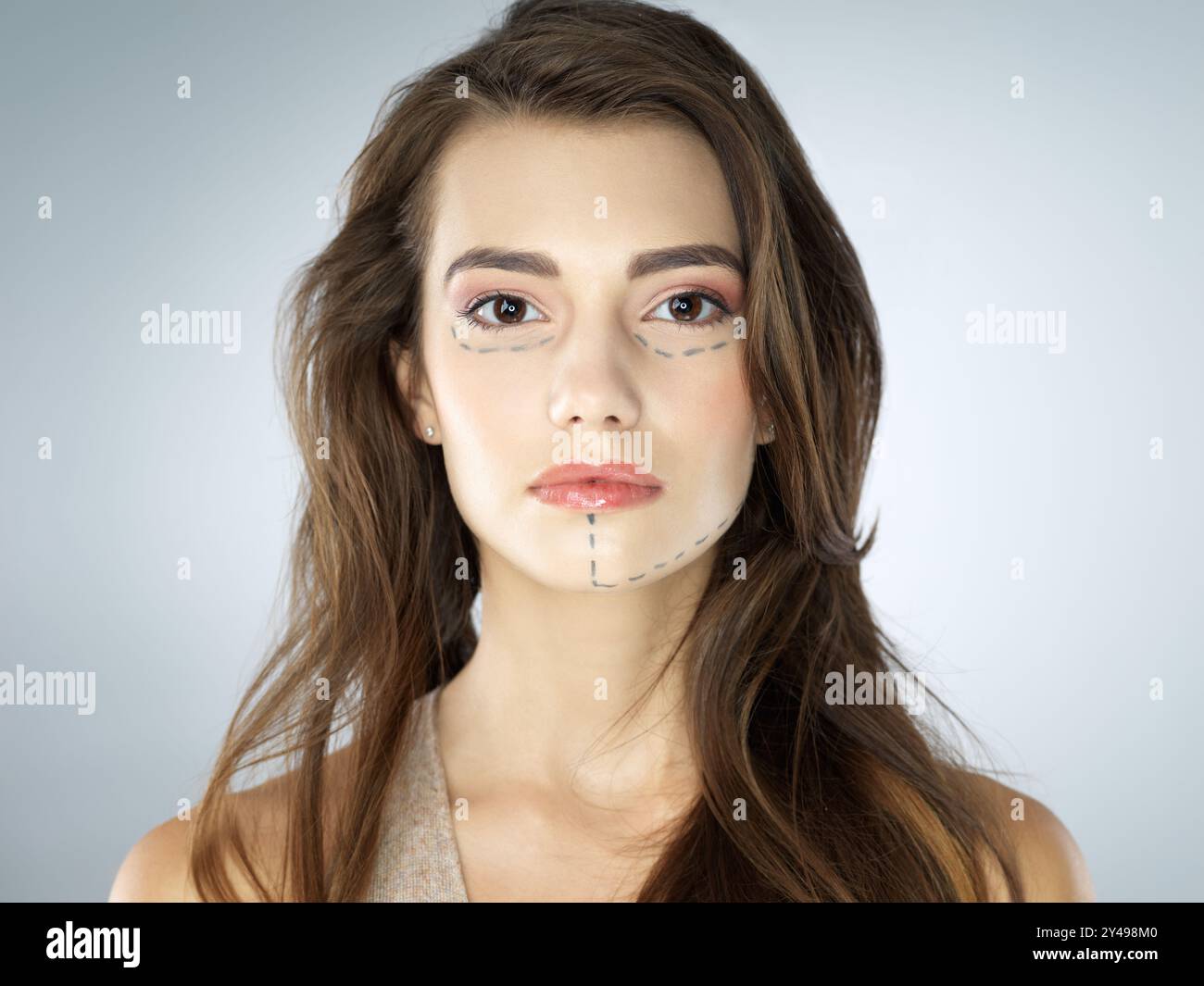 Beauty, portrait and woman with lines for plastic surgery, face ...