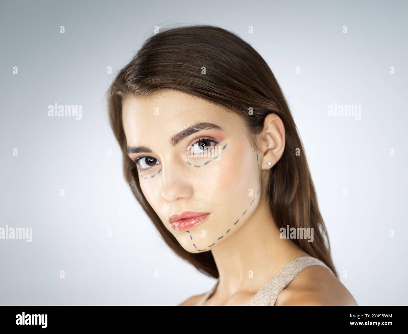 Woman, face and lines in studio for plastic surgery, chin augmentation ...