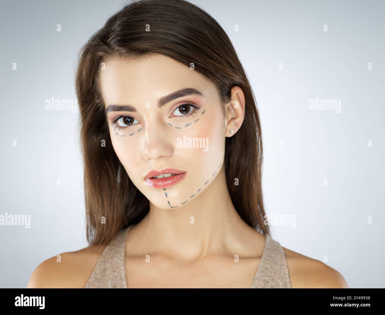 Woman, portrait and lines in studio for cosmetic procedure, chin ...