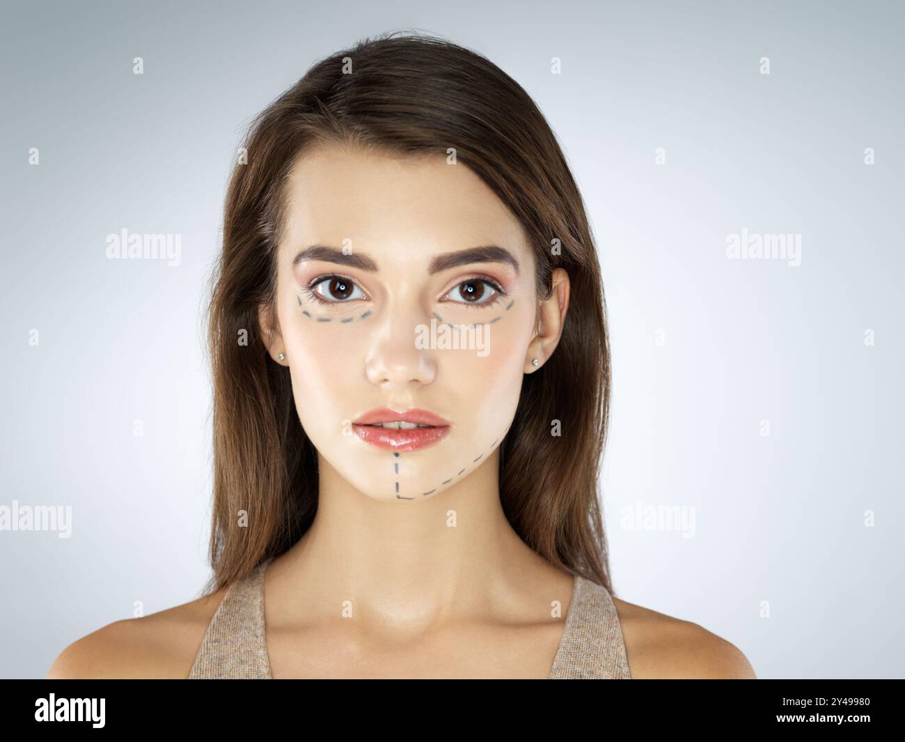 Woman, portrait and lines for plastic surgery, cosmetic procedure and ...