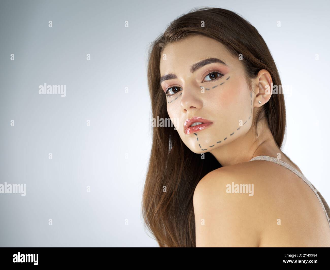 Woman, portrait and mark for plastic surgery, cosmetic procedure and ...