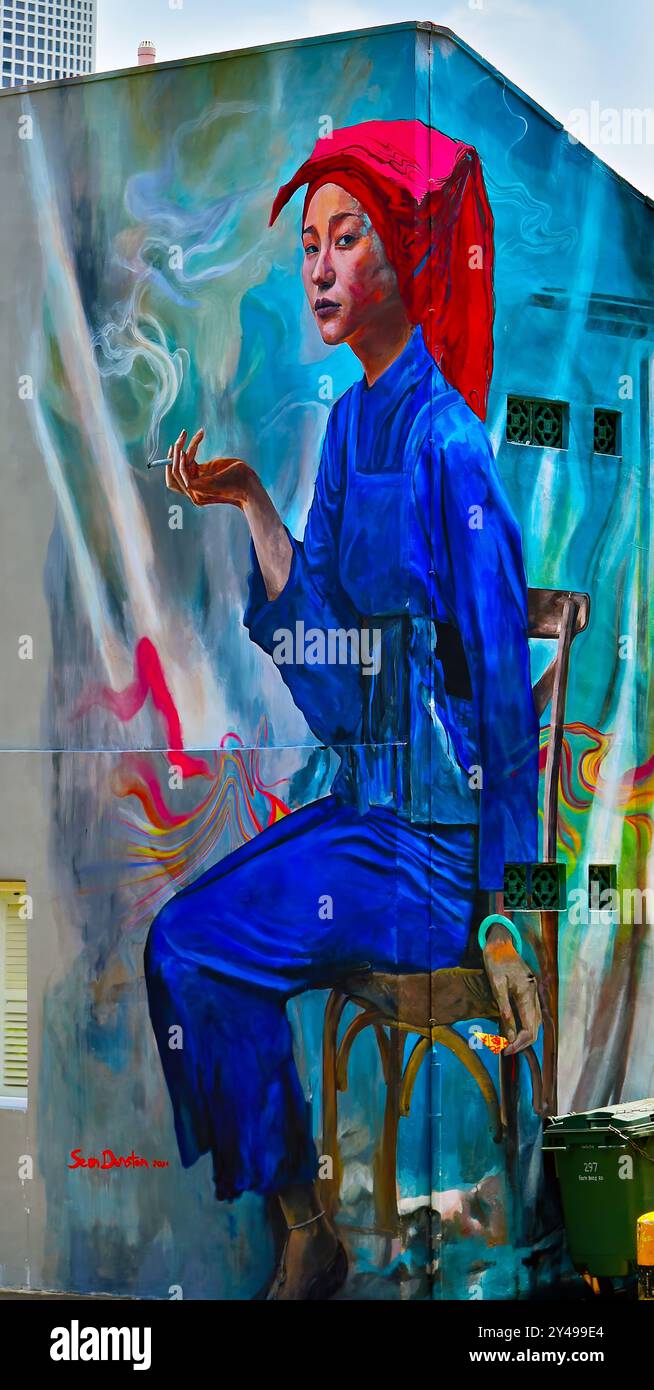 Mural of a samsui woman holding a cigarette on Club Street, Singapore ...