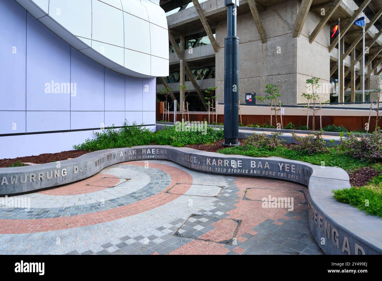 Outside area of The Geelong Arts Centre featuring Wadawurrung language ...
