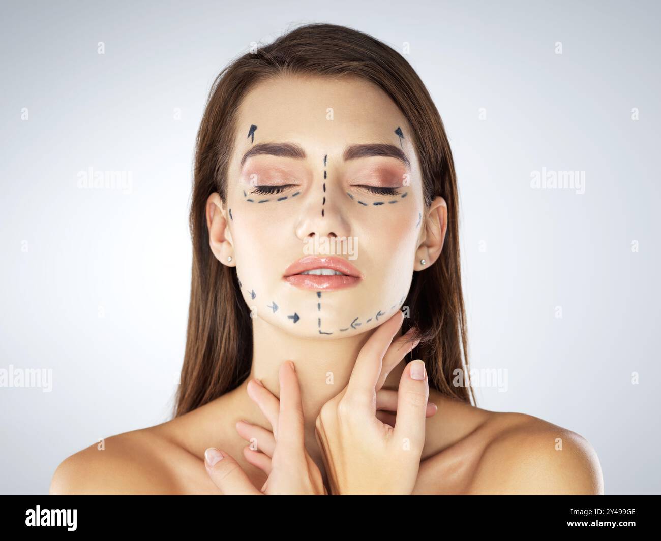 Woman, face and lines in studio for plastic surgery, chin augmentation ...