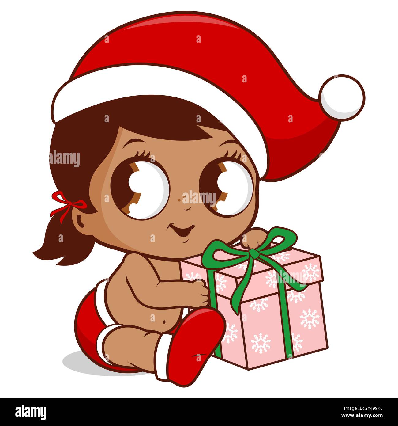 Cute baby with Santa Claus hat holding a Christmas present. Happy ...