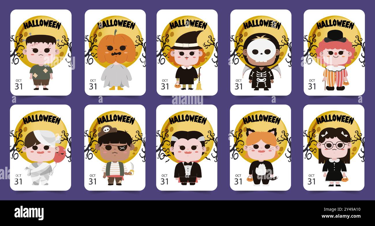 Cute Halloween Character Cards with Various Costumes and Designs for ...