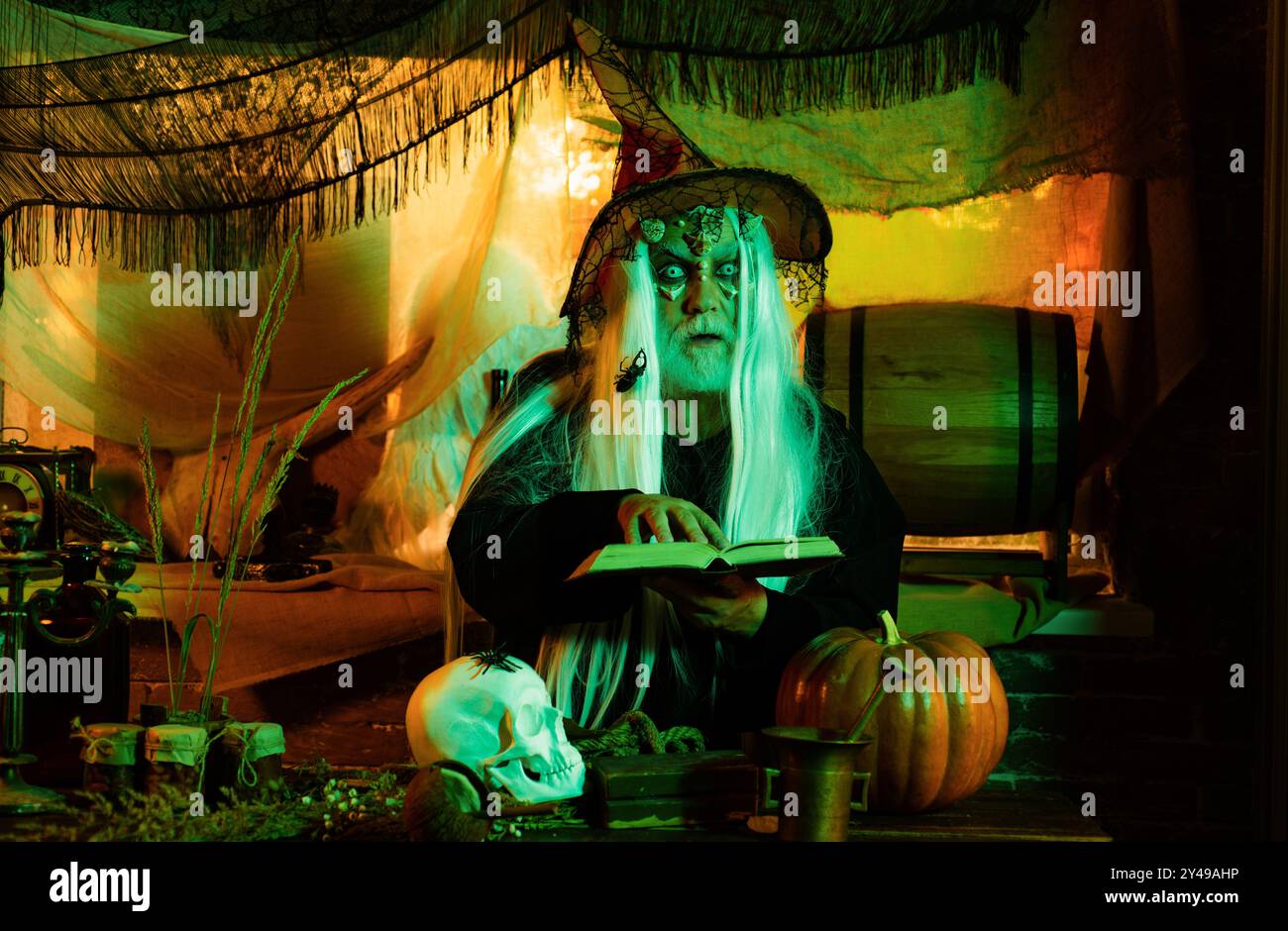 Bearded man dressed like Halloween monster. Bloody skin for Halloween ...