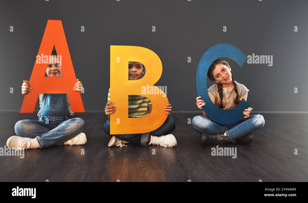 Kids, friends and smile with letters in studio on portrait as ...