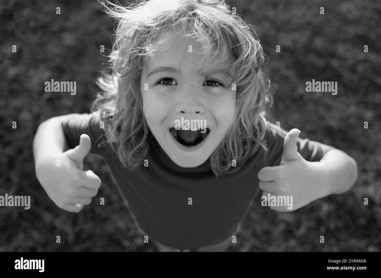 Outdoor closeup portrait of funny kids face. Summer kid outdoor ...