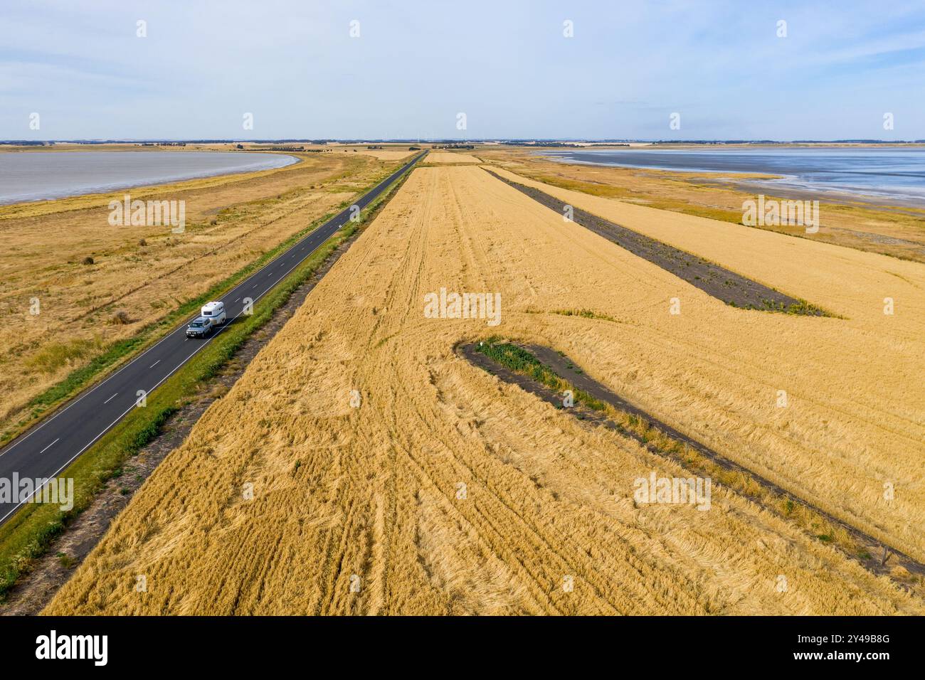 Aerial view of harvester lines and patterns in a dry grain crop ...