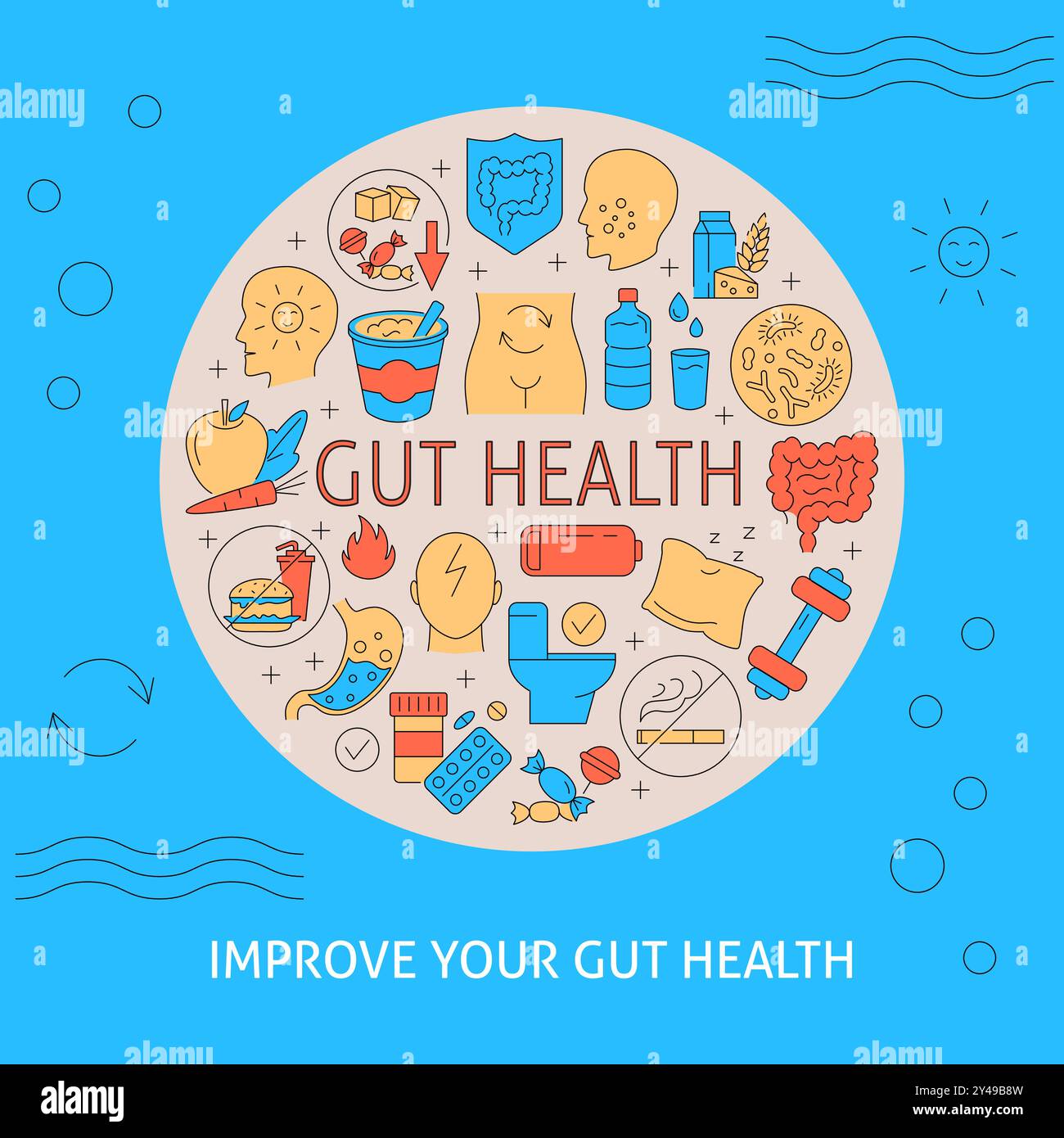 Improve your gut health round poster. Healthy digestive system. Vector illustration Stock Vector ...