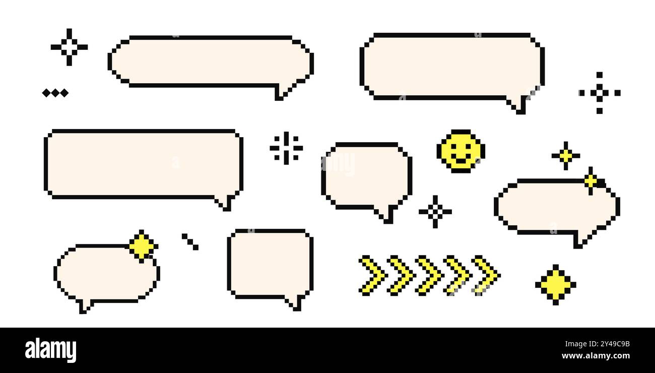 Set of pixel art cloud bubble quote box speech bubble dialog retro 8 bit arcade game interface ...