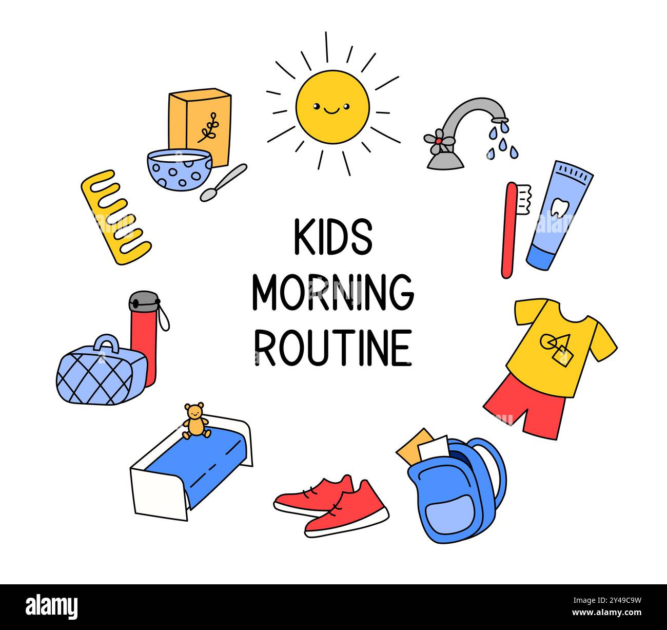 Kids morning routine vector illustration. Clipart, objects, daily tasks ...