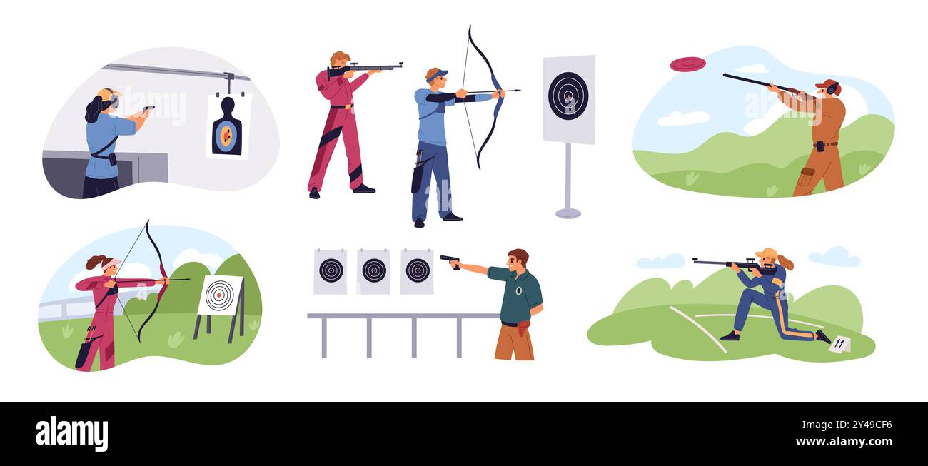 Sport shooter characters. People with guns aim at targets. Athletes ...
