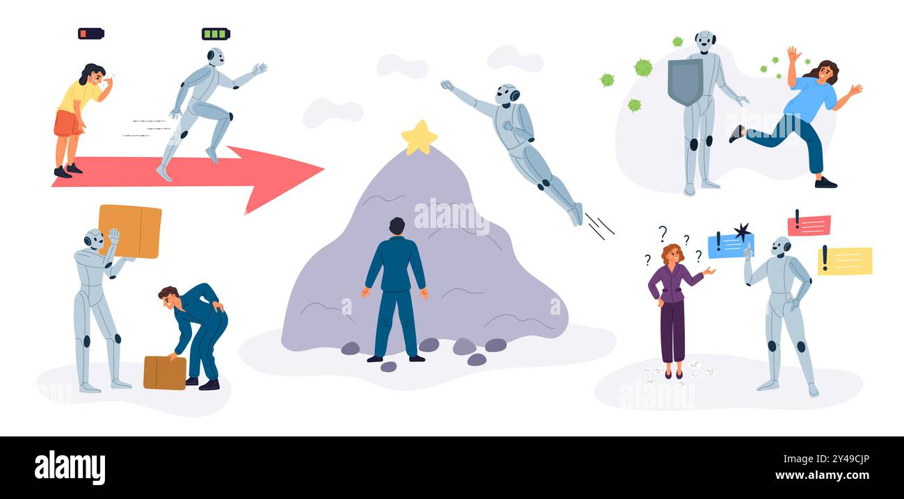 Robot vs human. People compete with androids in workplace. Artificial ...