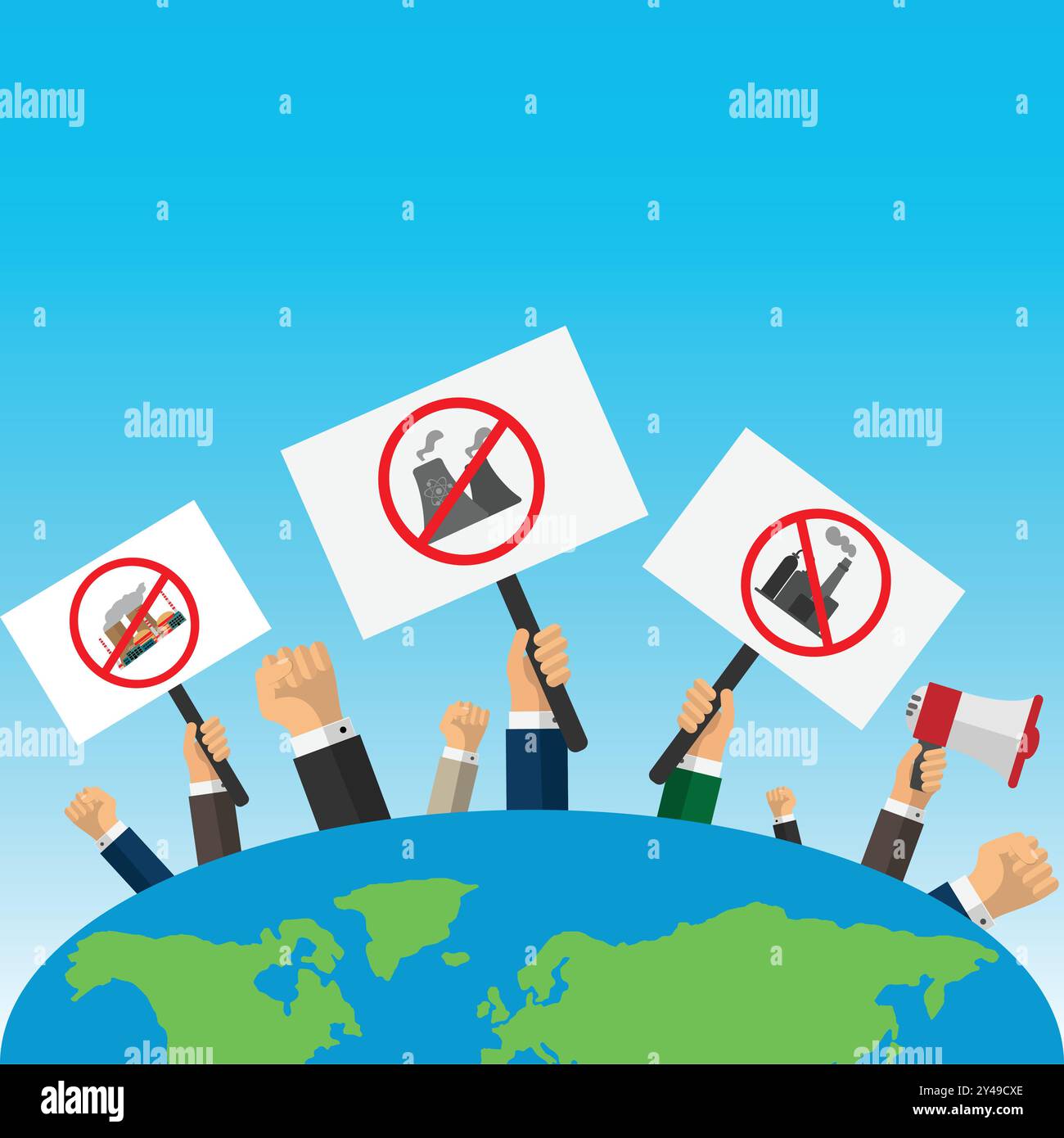 Hands holding placards with red prohibition sign: no factories allowed ...