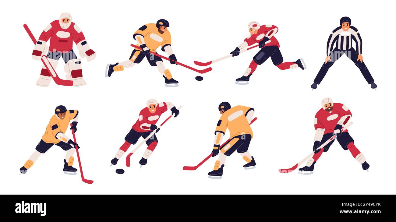 Cartoon hockey players. Professional athletes with clubs in dynamic ...