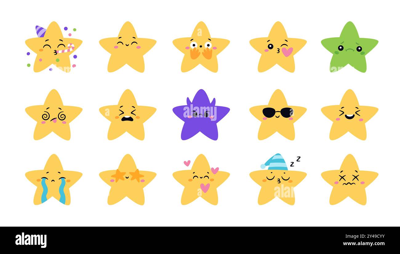 Cute kawaii star emoji. Funny little mascot with different emotion ...