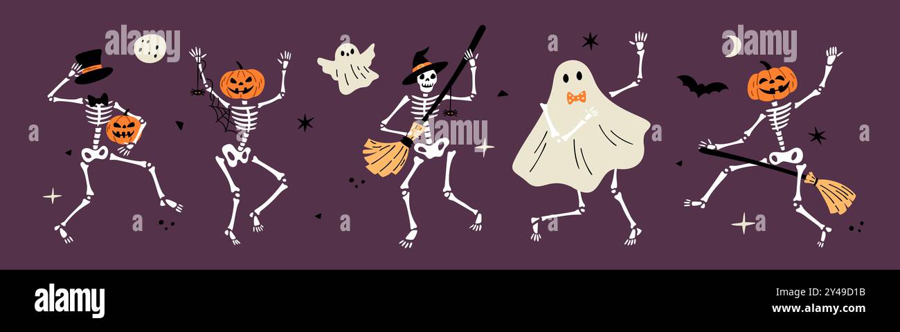 Cartoon dancing skeletons with pumpkins. Halloween characters party ...