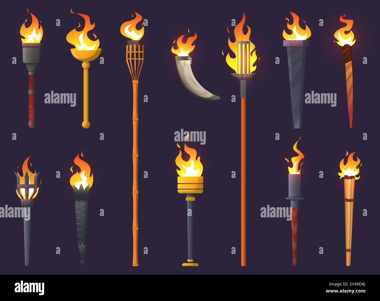 Cartoon ancient torches. Medieval burning lanterns. Burning fire. Lamp ...