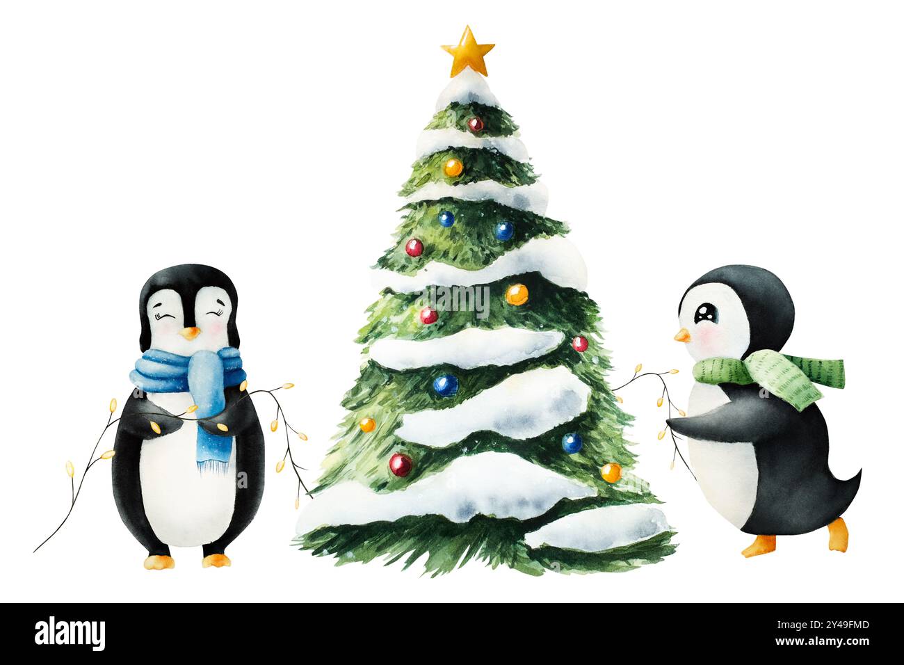 Cute smiling penguins decorating the Christmas tree. Garland with gold ...