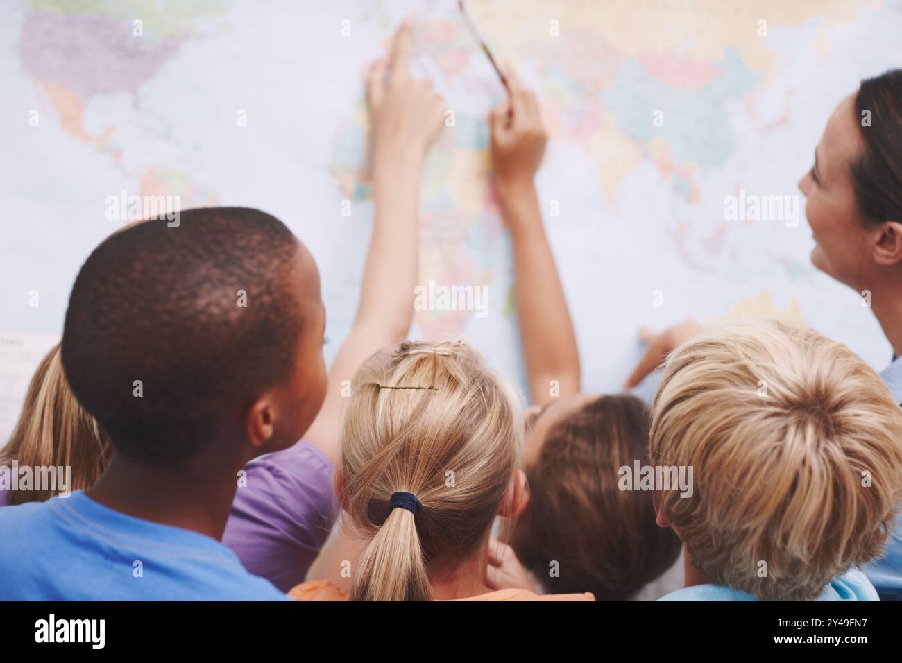 World map, teacher and students with education, back and conversation ...