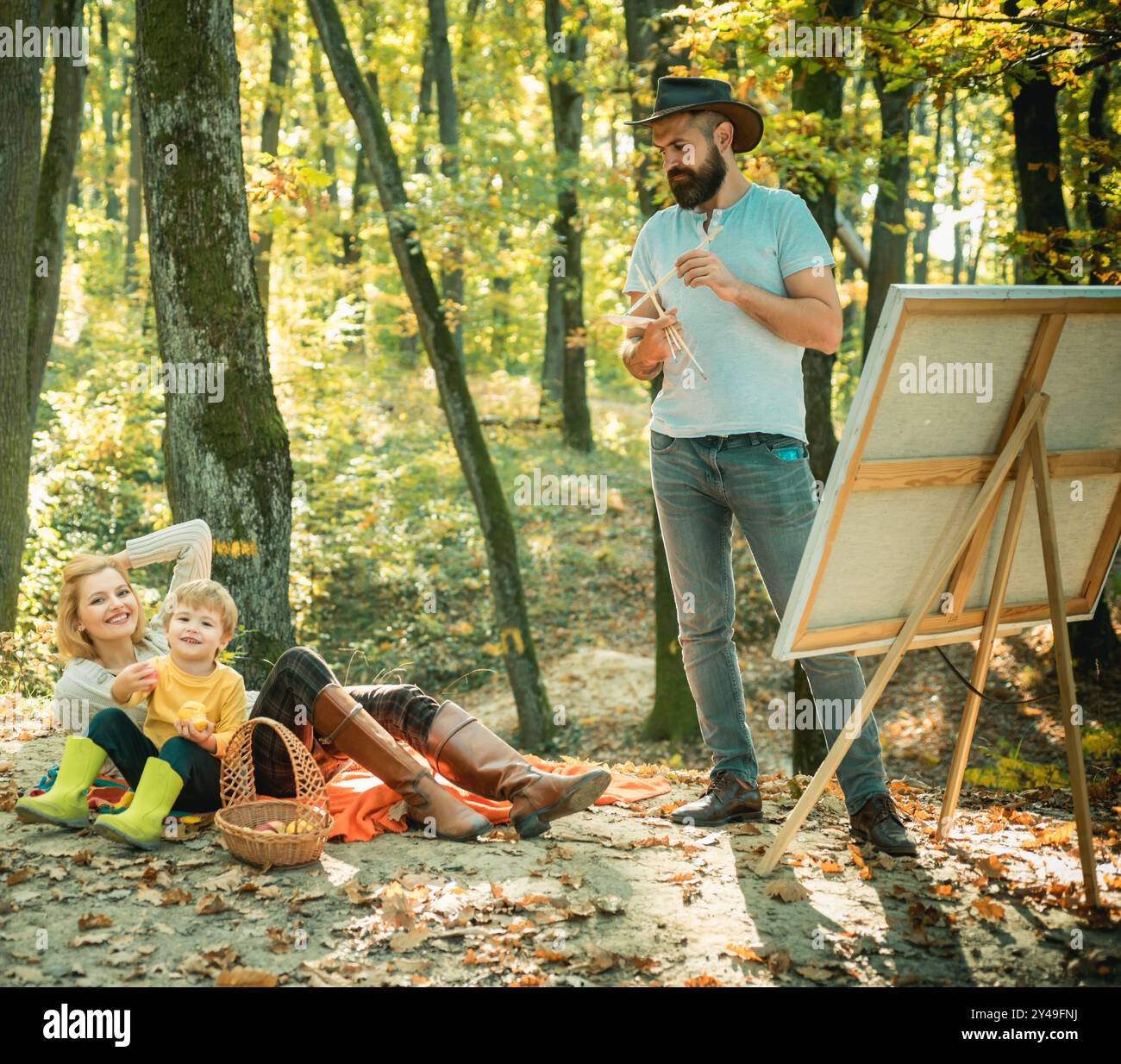 Autumn garden party - Father, mather and son. Camping with kids ...