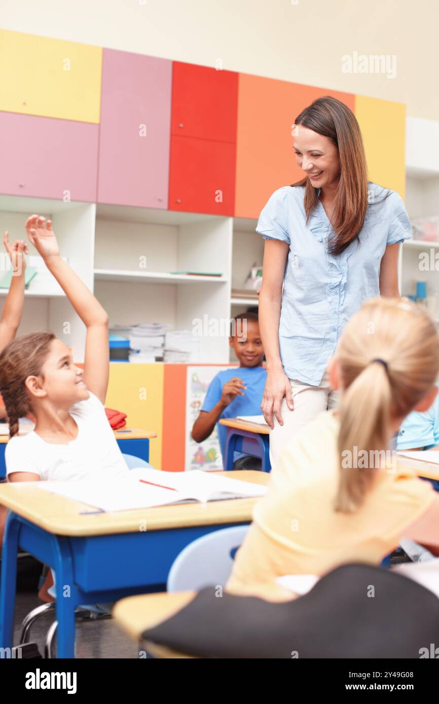 Woman, question and kids with hands raised in class for learning ...