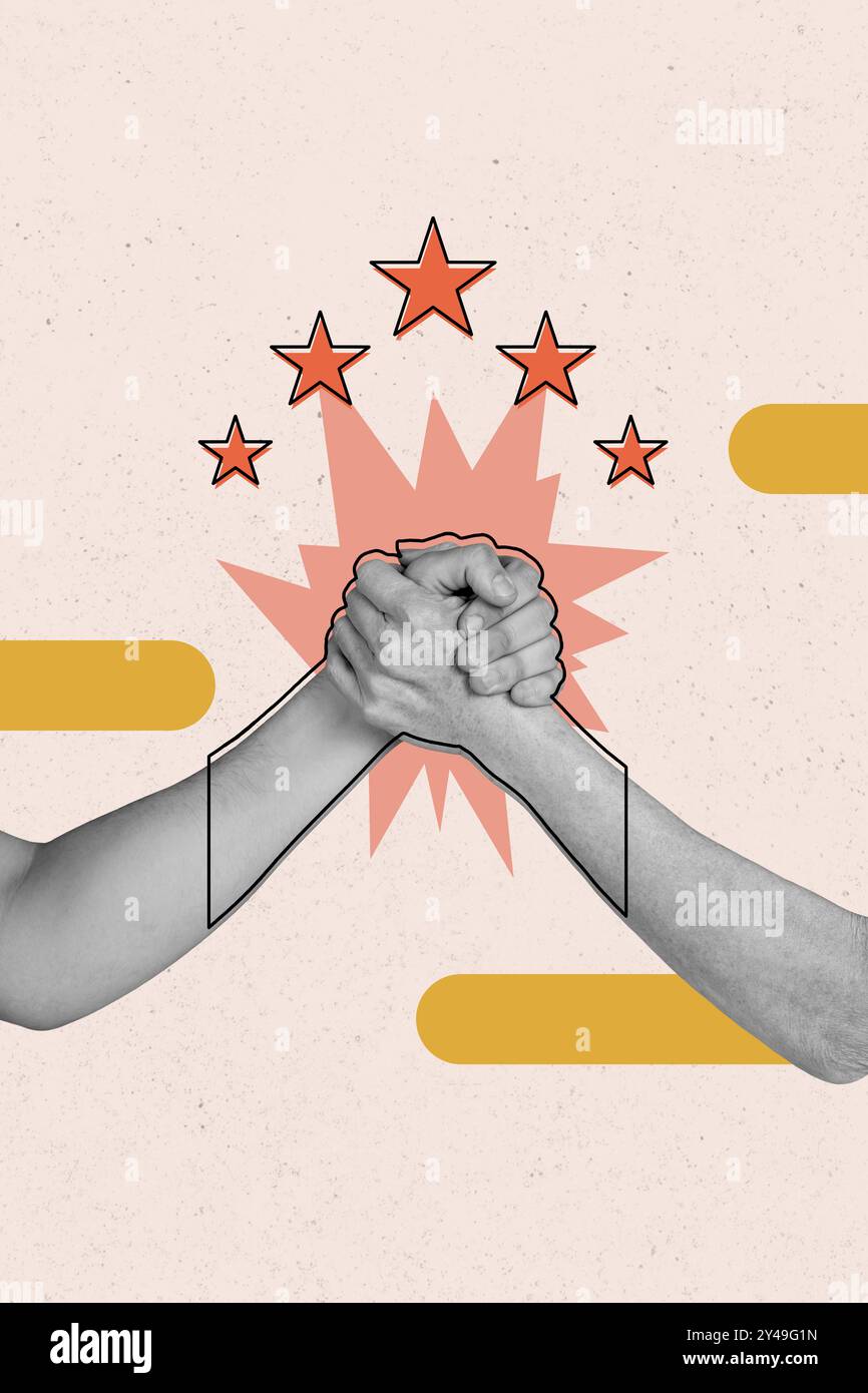 Vertical photo collage of two business people handshake gesture star ...