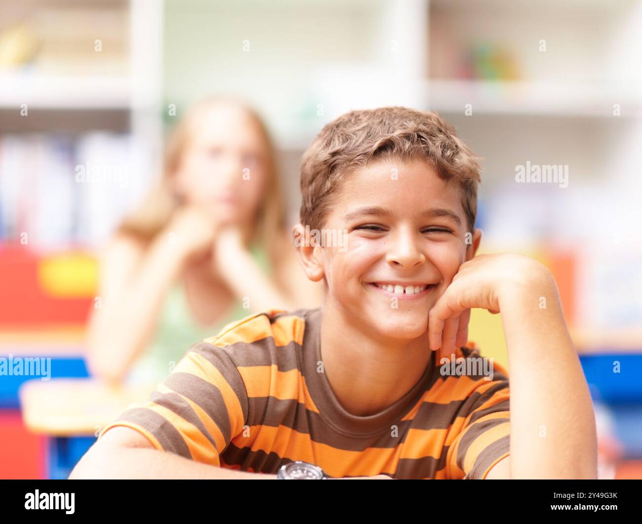 Smile, portrait and boy in kids classroom for learning, growth and ...