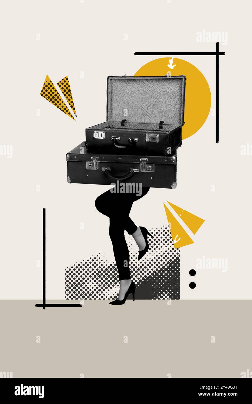 Vertical photo collage of bodyless girl legs dance wear heels suitcase ...