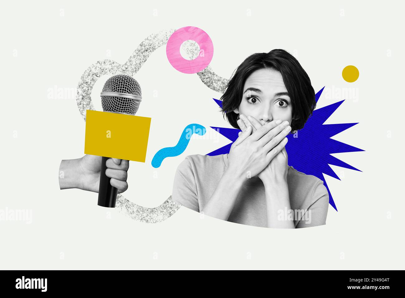 Composite photo collage of astonished girl shut mouth scared interview ...