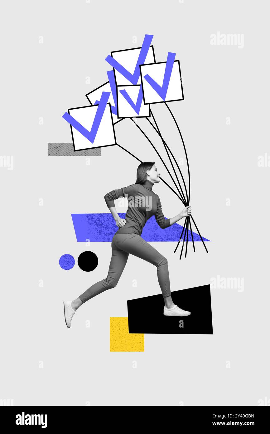 Vertical photo collage of happy girl carry air balloon checkmark sign ...