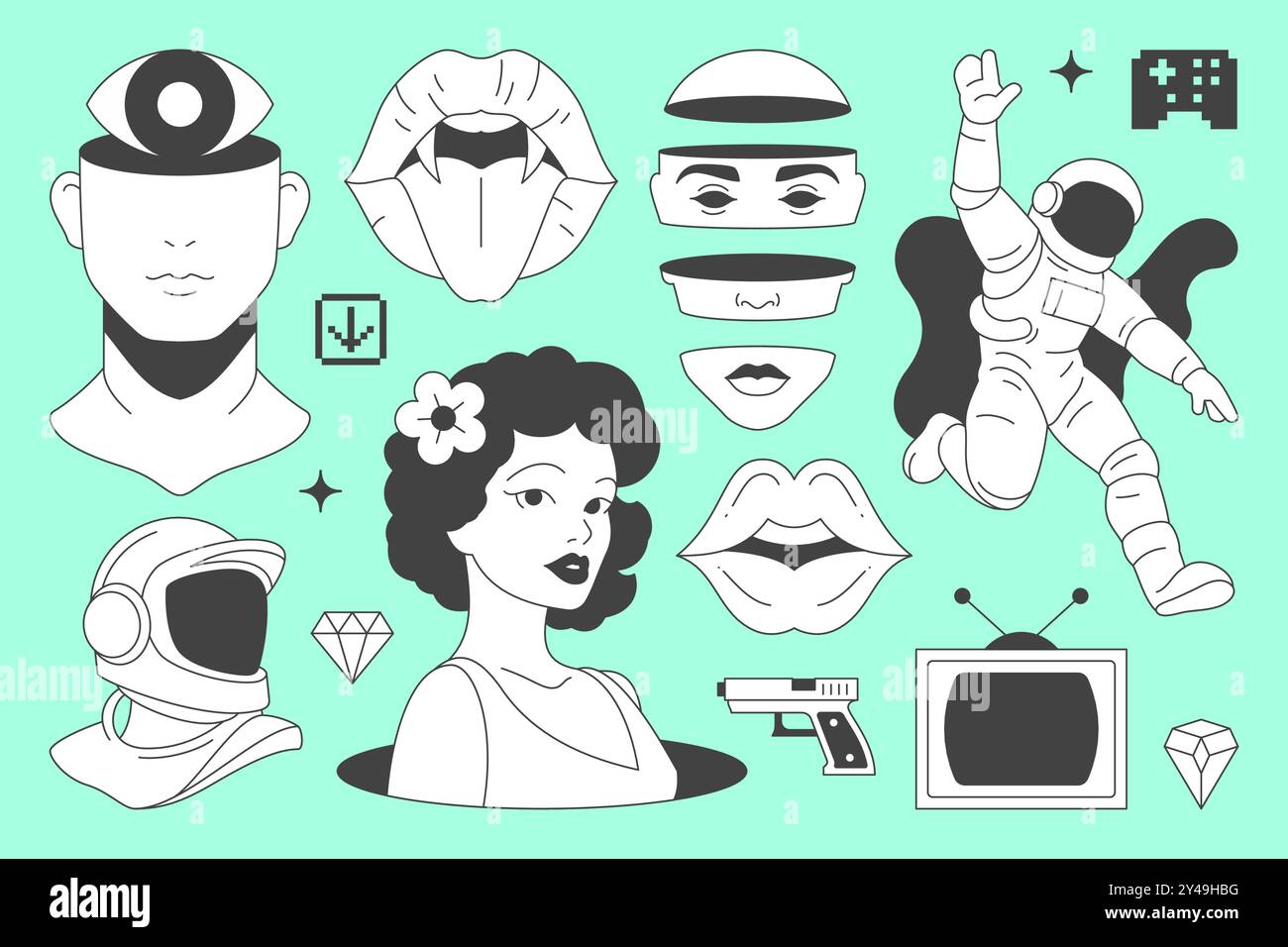 Y2k psychedelic comic minimal line icon contemporary pop art concept ...